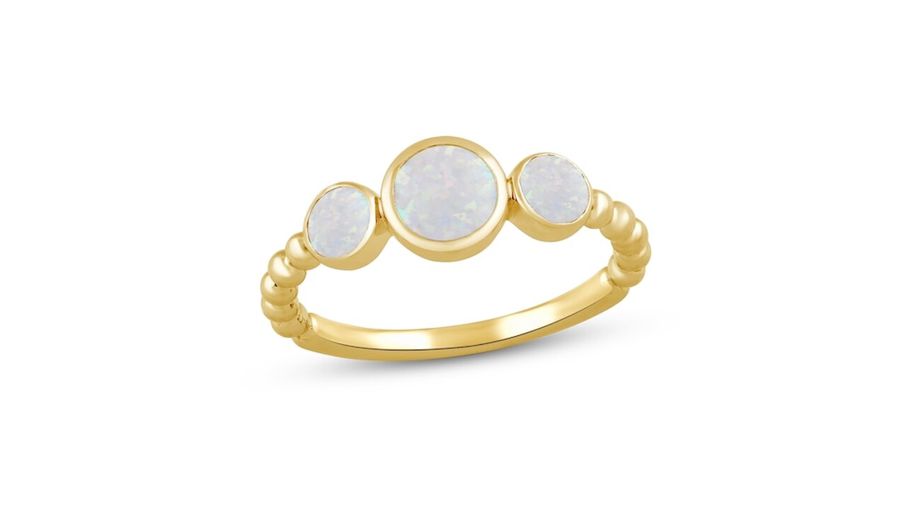 Creatable - Lab-Created Opal Bezel-Set Three Stone Bead Shank Ring in 10K Gold - Zales