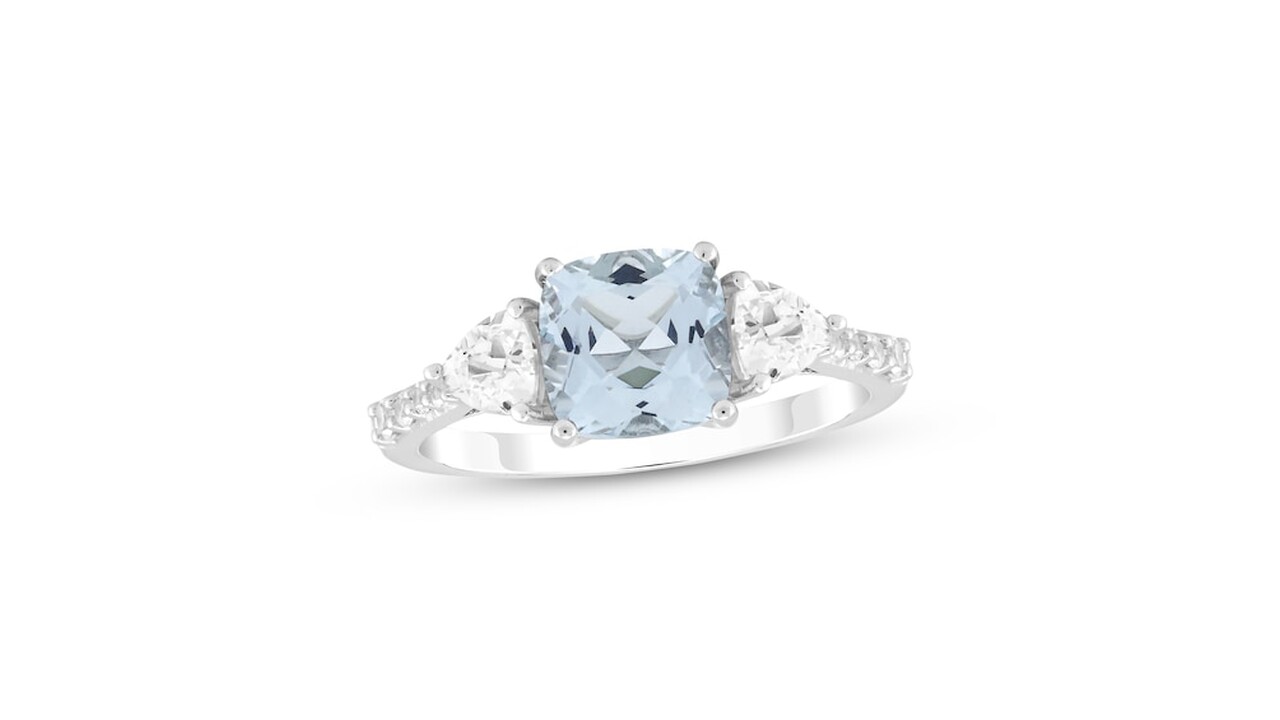 Creatable - Cushion-Cut Aquamarine & White Lab-Created Sapphire Ring Sterling Silver - Kay Jewelers.
